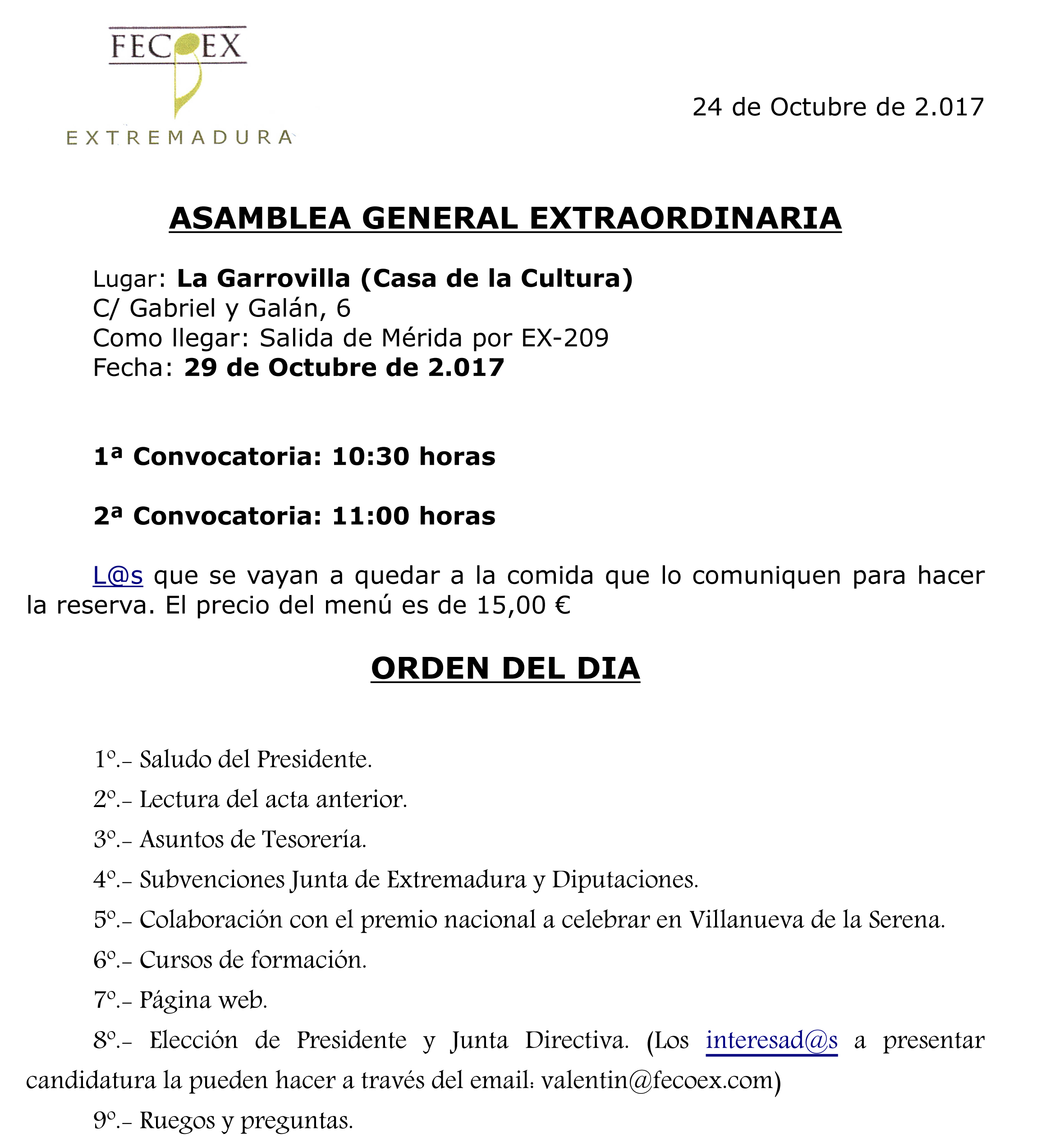 Convocatoria Asamblea General Extraordinaria - Fecoex Convocatoria Asamblea General Extraordinaria - Fecoex